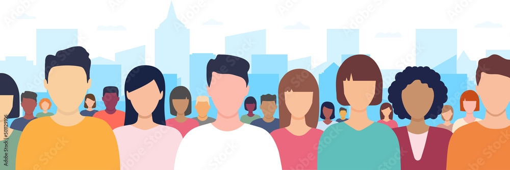 People crowd in casual cloths. Male and female faces group ...