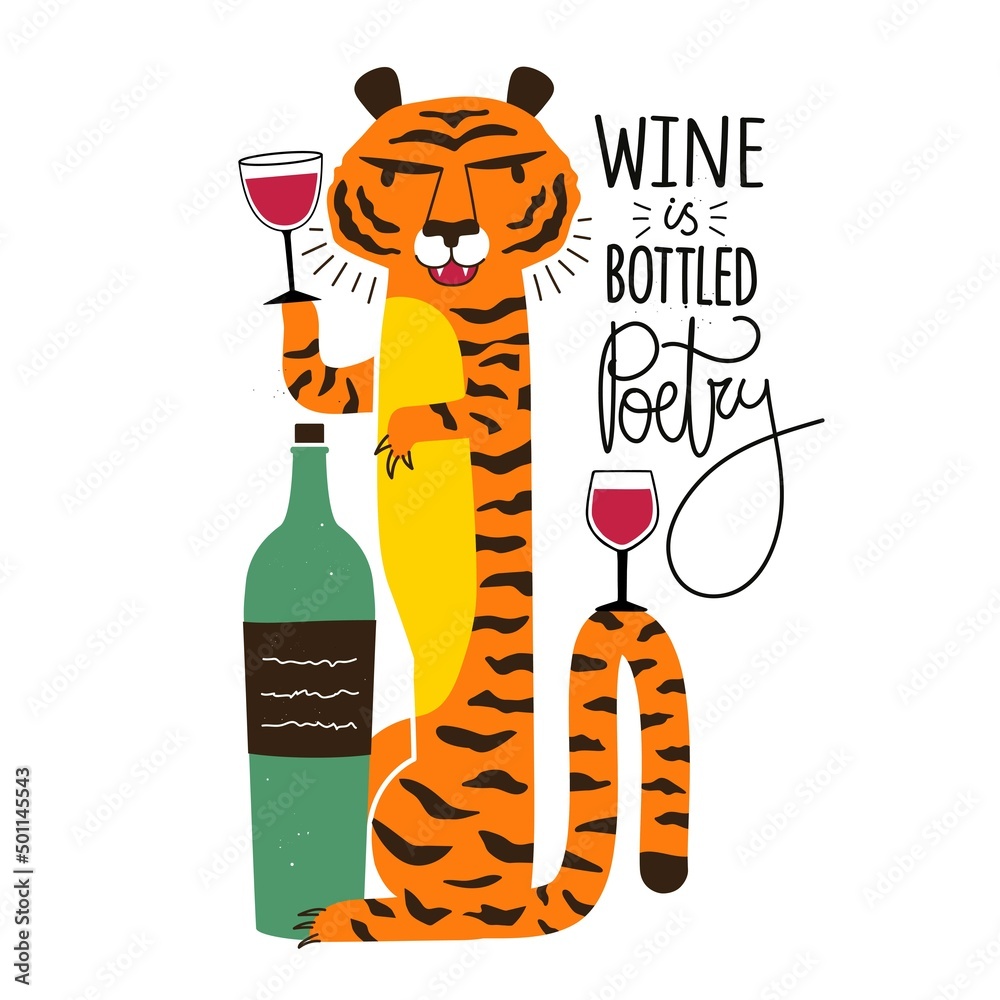 Vector illustration with tiger, bottle of red wine and wine glasses ...