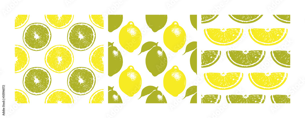 Lemon fruit seamless patterns set. Tropical wallpaper texture of lemon ...