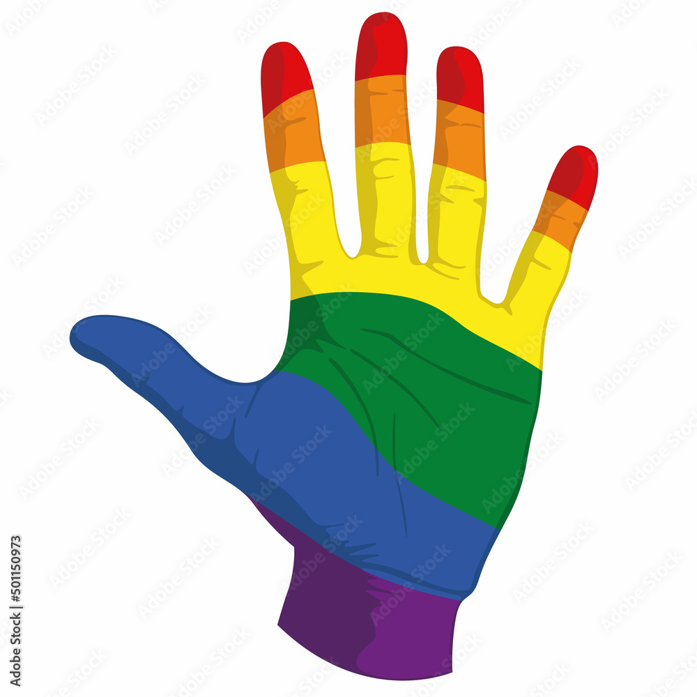 Vector flag or LGBT depicted on a human hand. Rainbow flag. A symbol of ...
