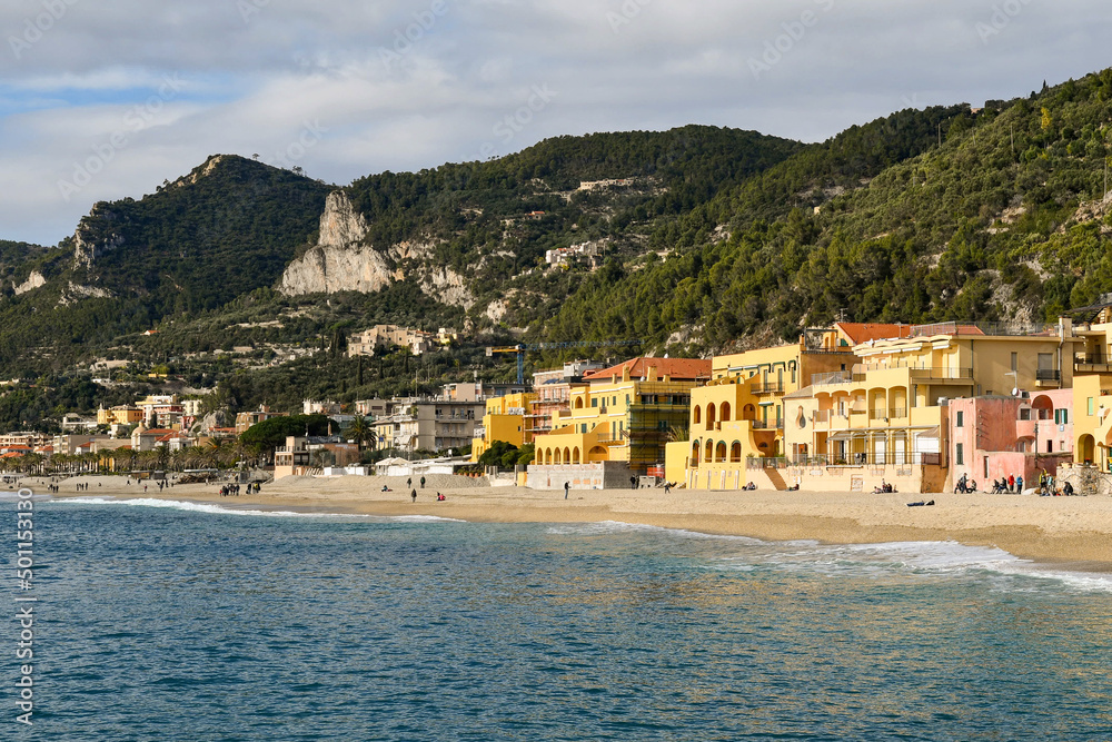 Scenic view from the sea of the old fishing village, popular tourist ...