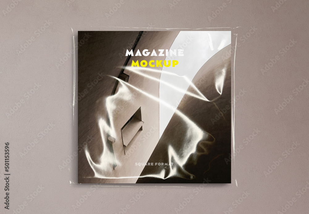 Square Magazine Cover Plastic Wrap Mockup Stock Template | Adobe Stock