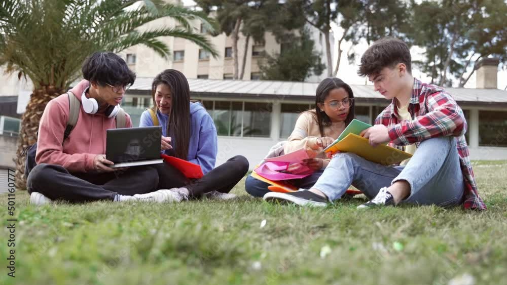 Student friends learning and working together sitting on the grass of ...