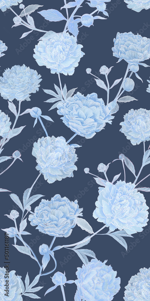 seamless pattern with delicate light airy blue lush peonies. Loved by ...