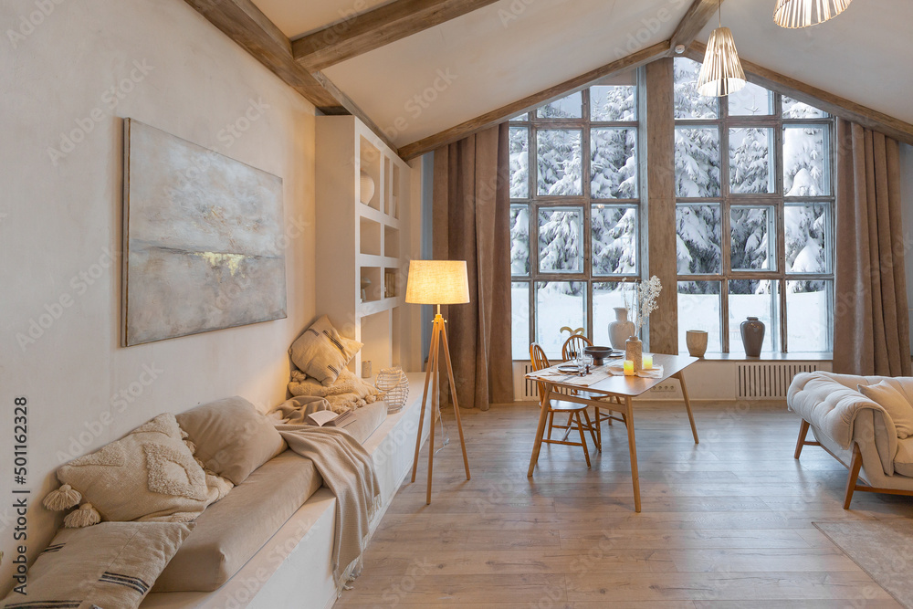 cozy warm home interior of a chic country chalet with a huge panoramic ...