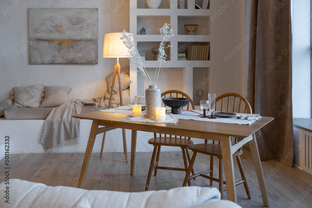 cozy warm home interior of a chic country house with an open plan, wood ...