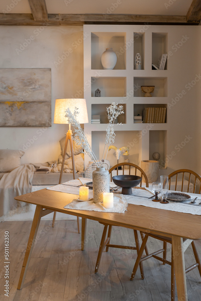 cozy warm home interior of a chic country house with an open plan, wood ...