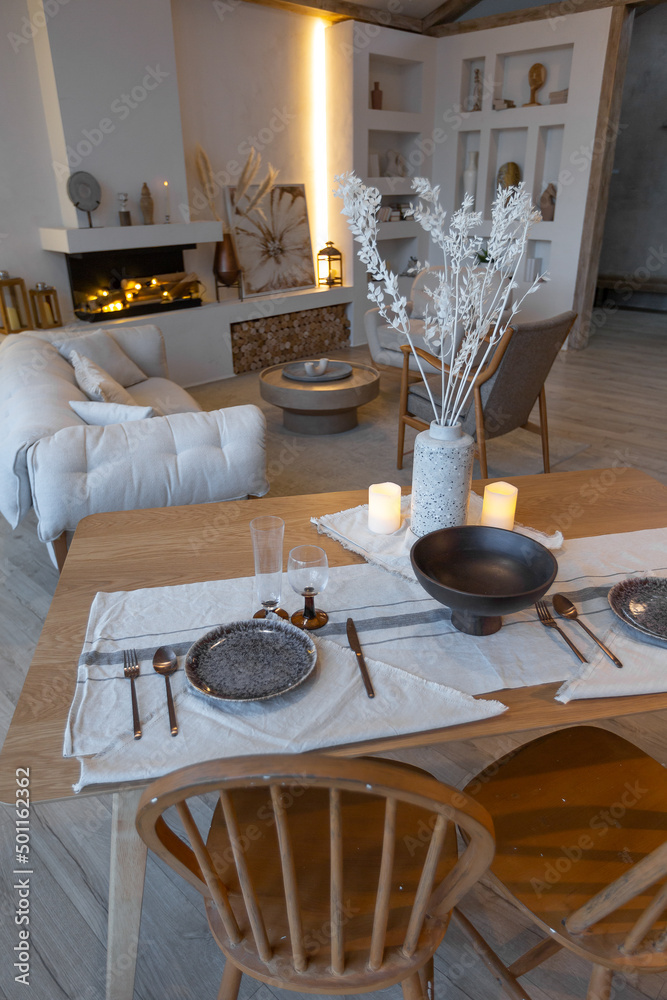 cozy warm home interior of a chic country house with an open plan, wood ...