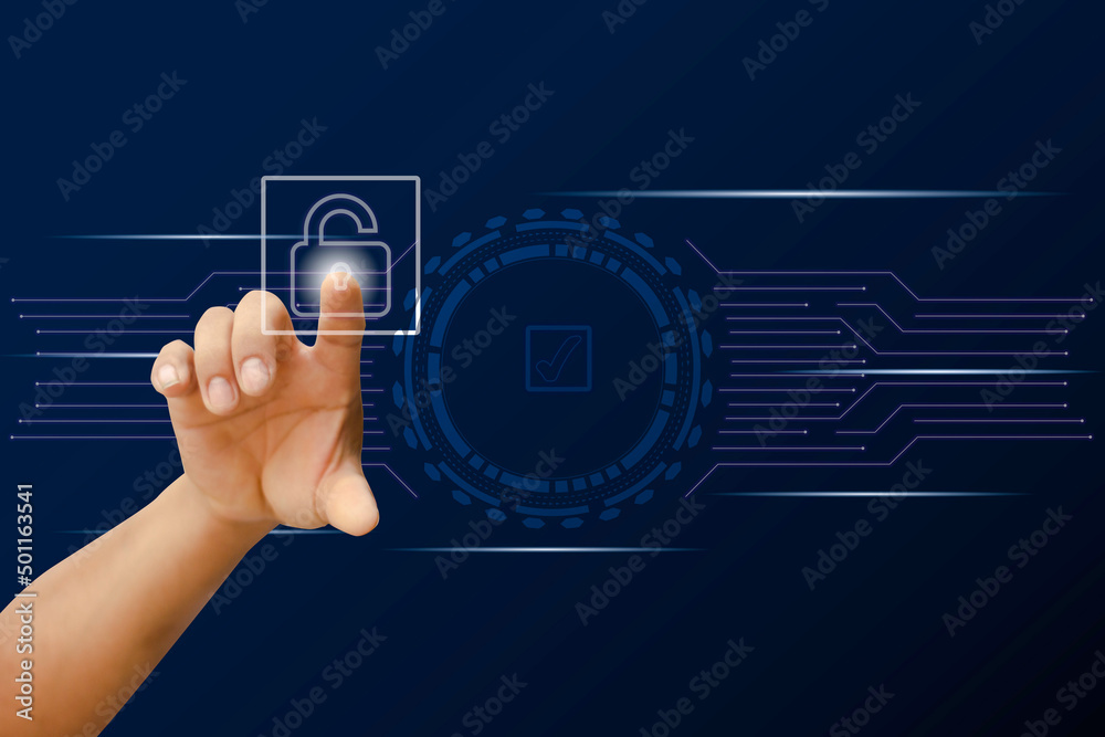 busines man touching virtual button to unlock security protection ...