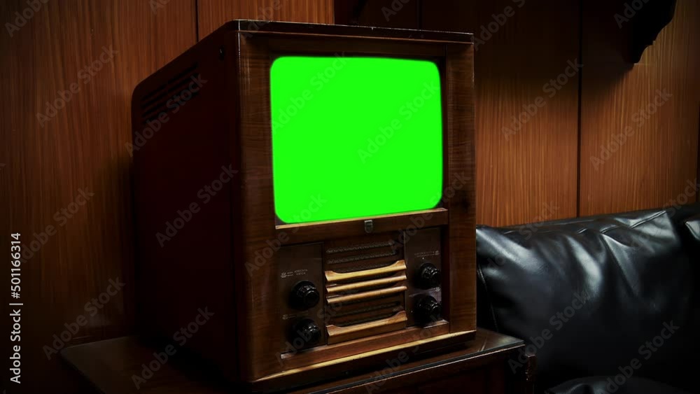 Old 1950s Television Set with Green Screen. Closeup. Zoom In. 4K ...