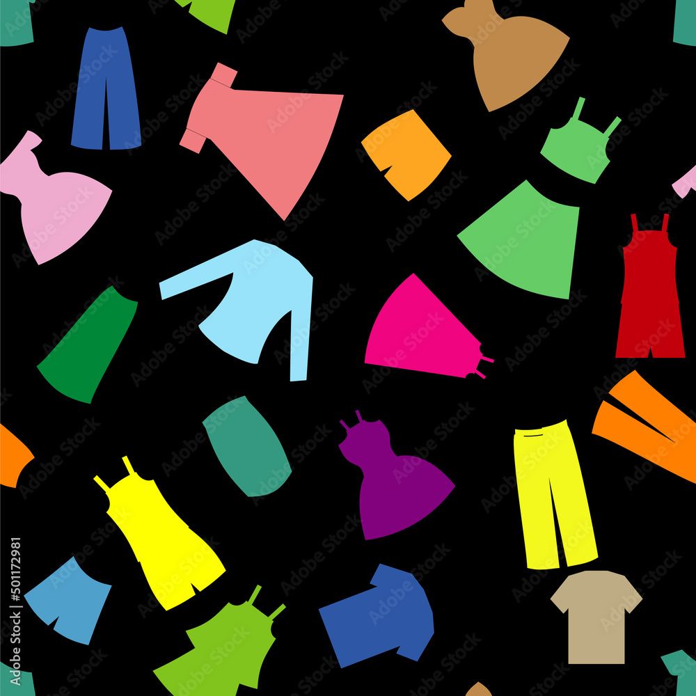 Patrón de ropa variada en colores variados sobre fondo negro Stock ...