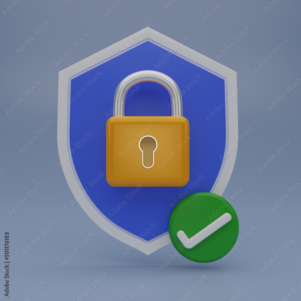 3D render Modern Shield with padlock and check mark icon on blue ...