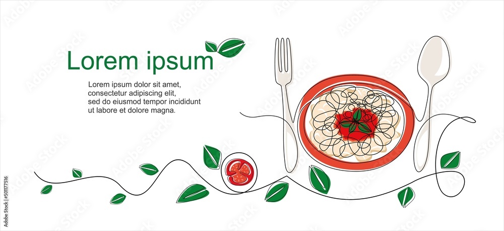 Continuous one line drawing of delicious spaghetti with with tomato ...
