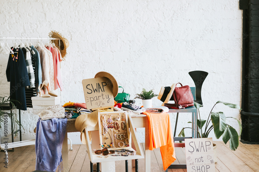 swap party for try on clothes, bags, shoes and accessories, friends ...