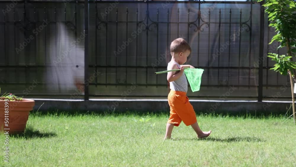 baby boy child walking playing with butterfly net in backyard outdoors ...
