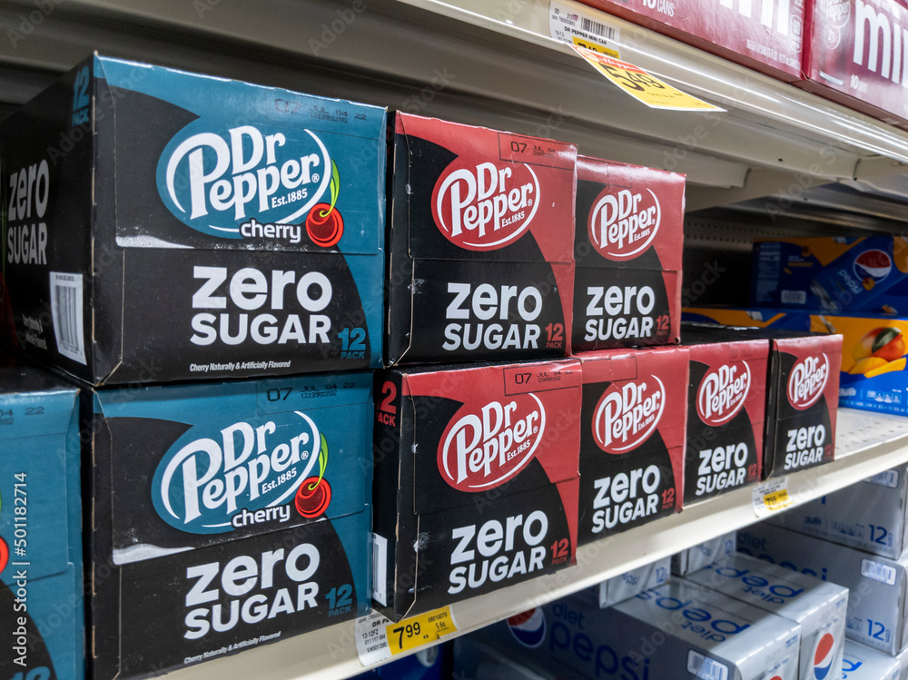 Woodinville, WA USA - circa April 2022: Angled view of Dr. Pepper soda ...