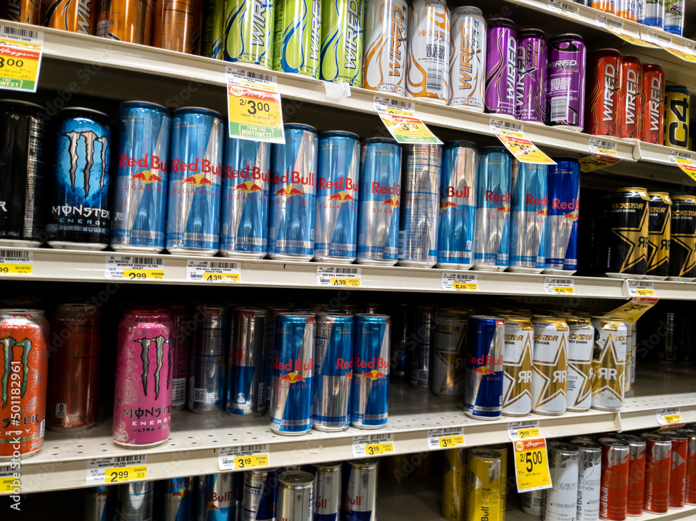 Woodinville, WA USA - circa April 2022: Angled view of energy drinks ...