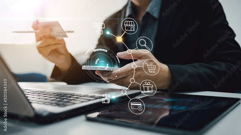 Businessman with mobile smartphone in hand paying online shopping on ...