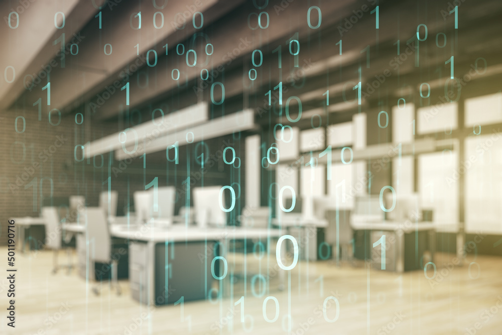 Abstract virtual binary code hologram on a modern furnished classroom ...
