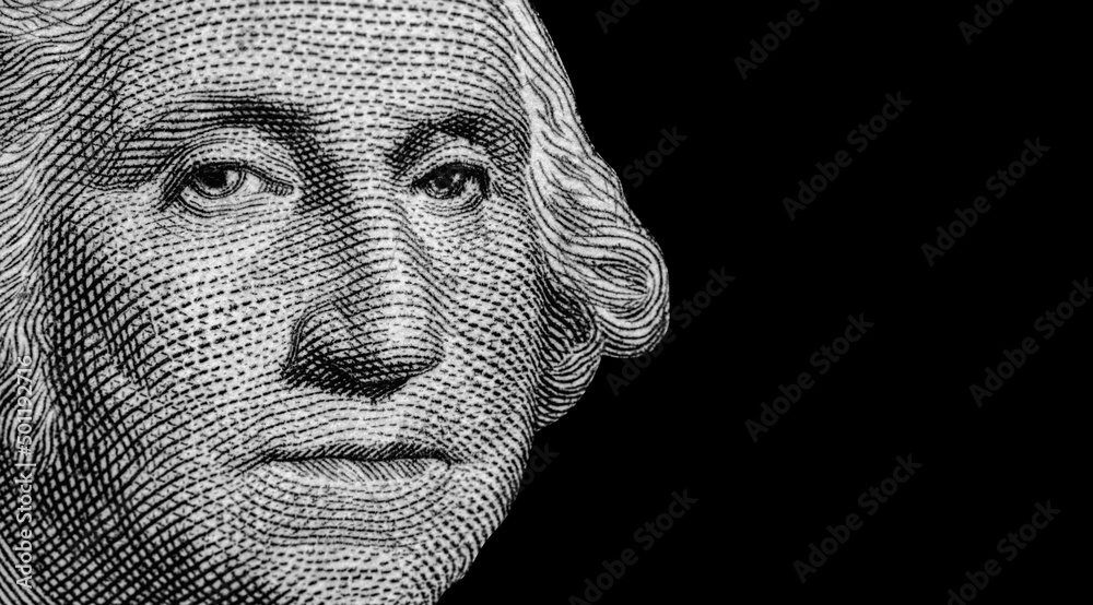 Close up first USA president George Washington on one Dollar bancnote ...