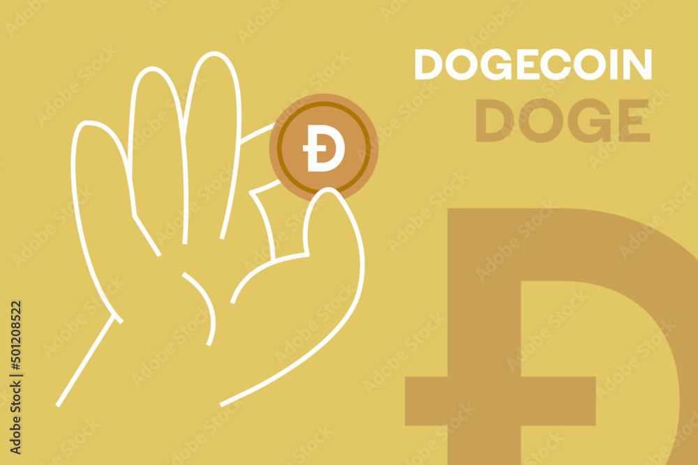 DOGE crypto flat design banner. Hand holding Dogecoin meme ...