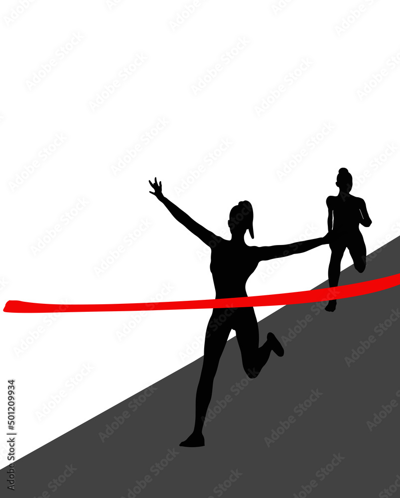 Winner woman runner winning on finishing line vector illustration ...