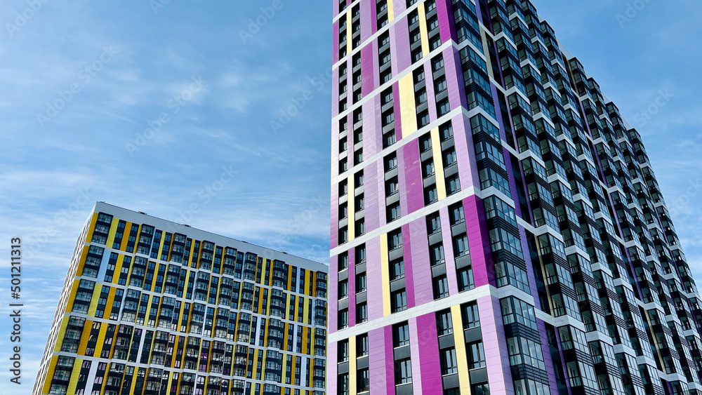 The facade of the building in purple,geometric patterns from windows ...