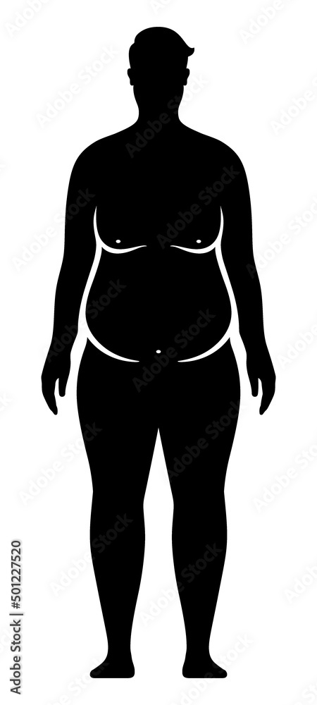 Fat man black vector silhouette. Overweight male body isolated on ...