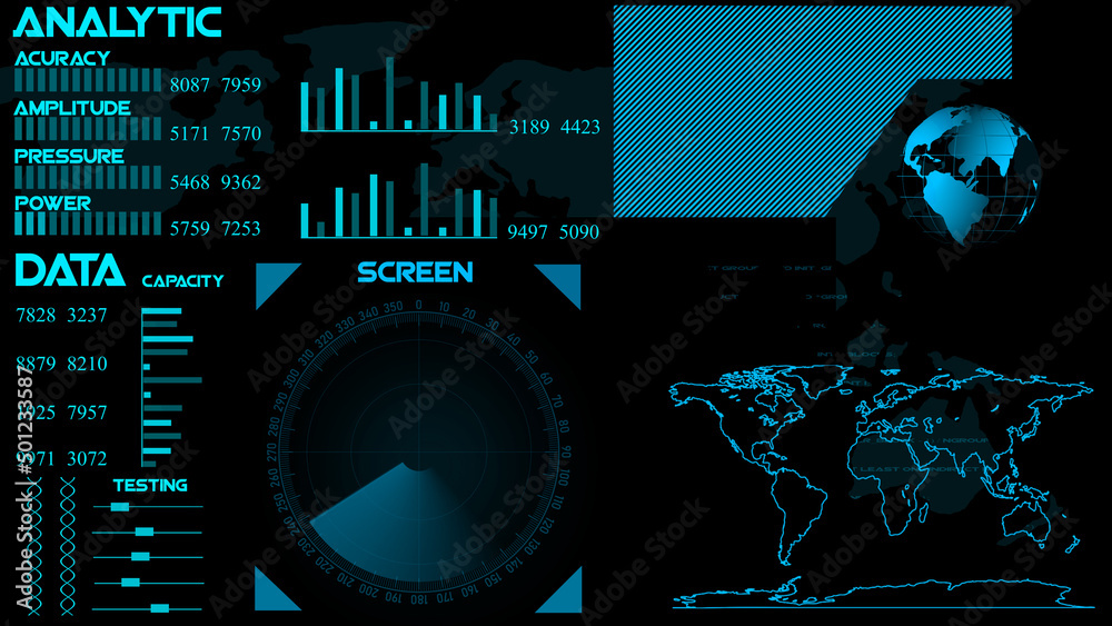 Technology interface HUD rotating on dark virtual screen with animated ...