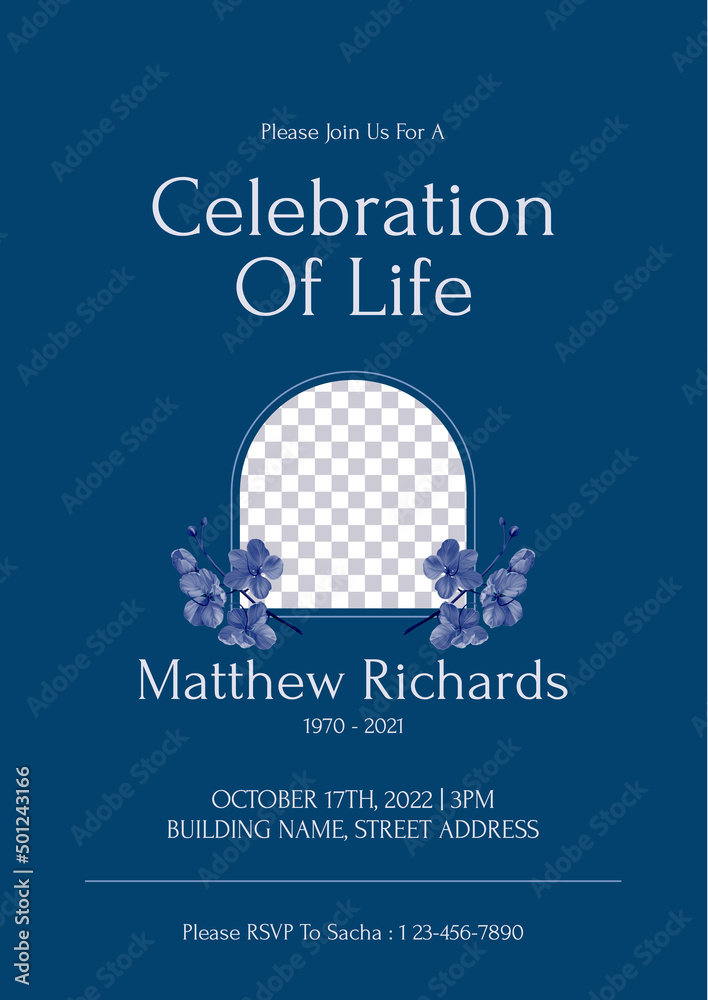 Simple memorial and funeral invitation card template design, dark blue ...