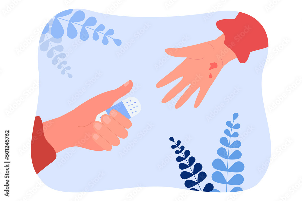 Hand holding out patch to cover scratch of injured person. Medical care ...