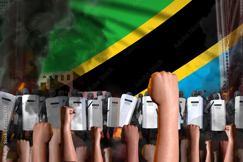 mutiny stopping concept - protest in Tanzania on flag background ...