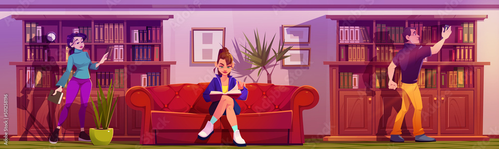 People read and choose book on shelves in library or store. Vector ...