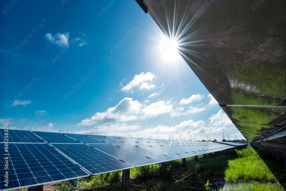 Photovoltaic modules solar power plant on dramatic sunset sky ...