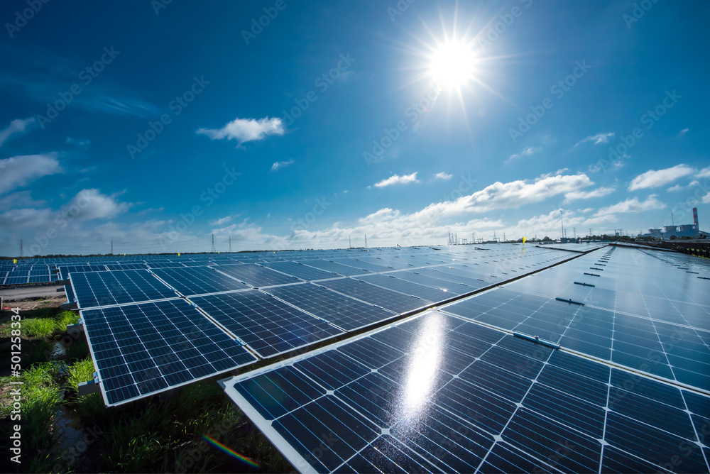 Photovoltaic modules solar power plant on dramatic sunset sky ...