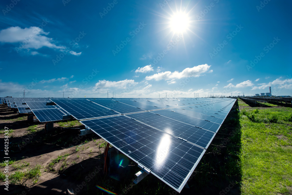 Photovoltaic modules solar power plant on dramatic sunset sky ...