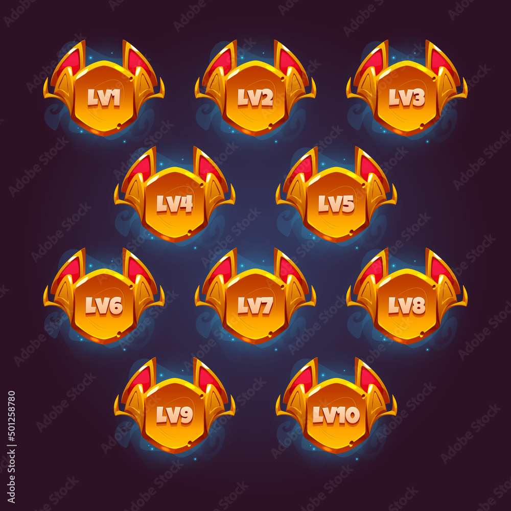 Game level number badges with fantasy gold frame. Vector cartoon set of ...