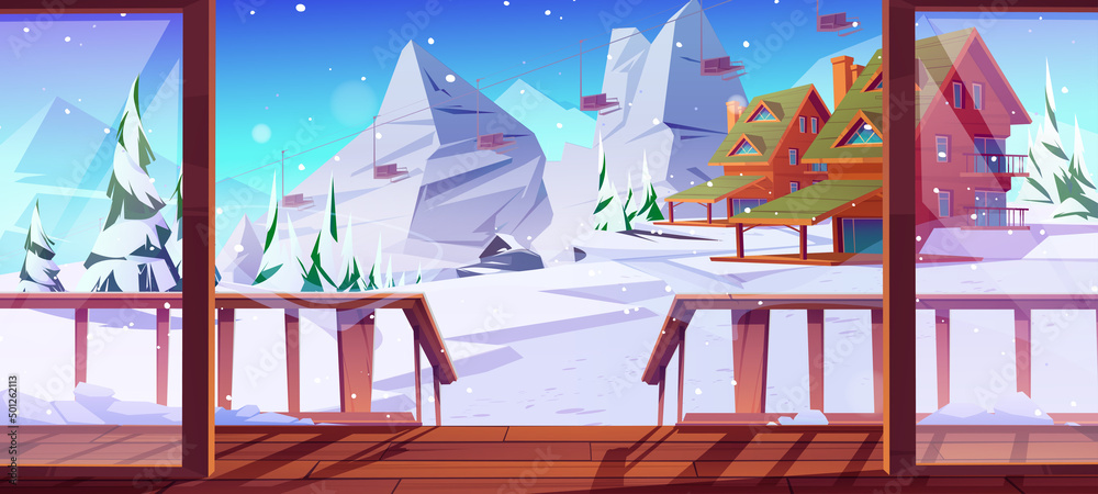 Chalet or lodge on mountain ski resort with funicular. Vector cartoon ...