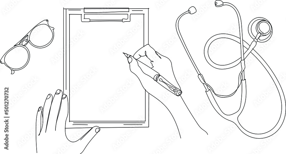 Outline sketch drawing of doctor handwriting prescription and ...