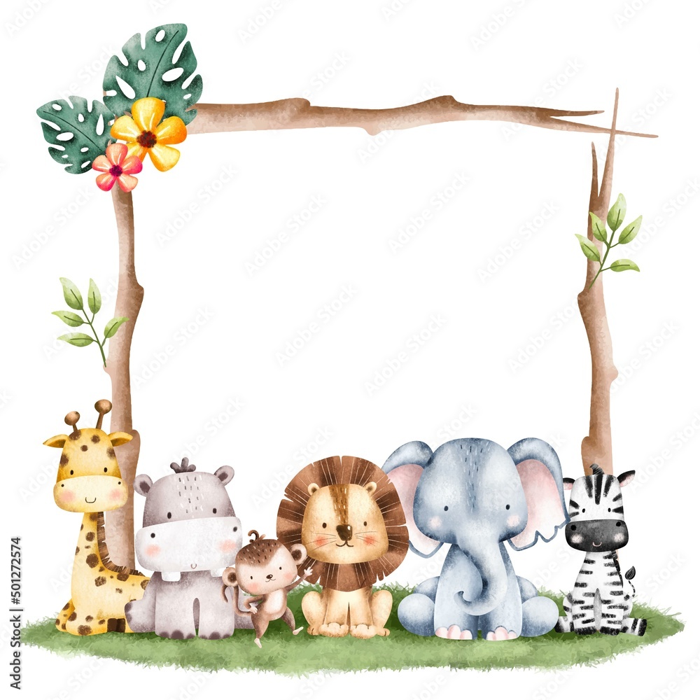 Watercolor Illustration Safari Animal Frame template Stock Vector ...