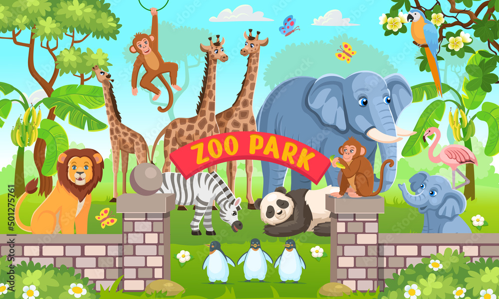 Outdoor park entrance with green bushes. Zoo animals set. Pandas ...