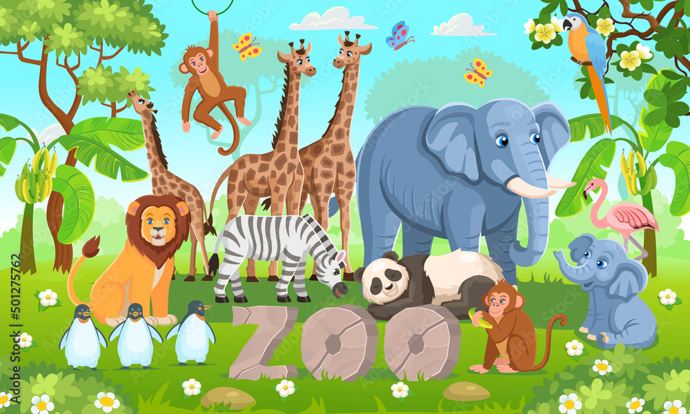 Stone letters zoo. Zoo animals set. Pandas, giraffes, elephants, zebras ...