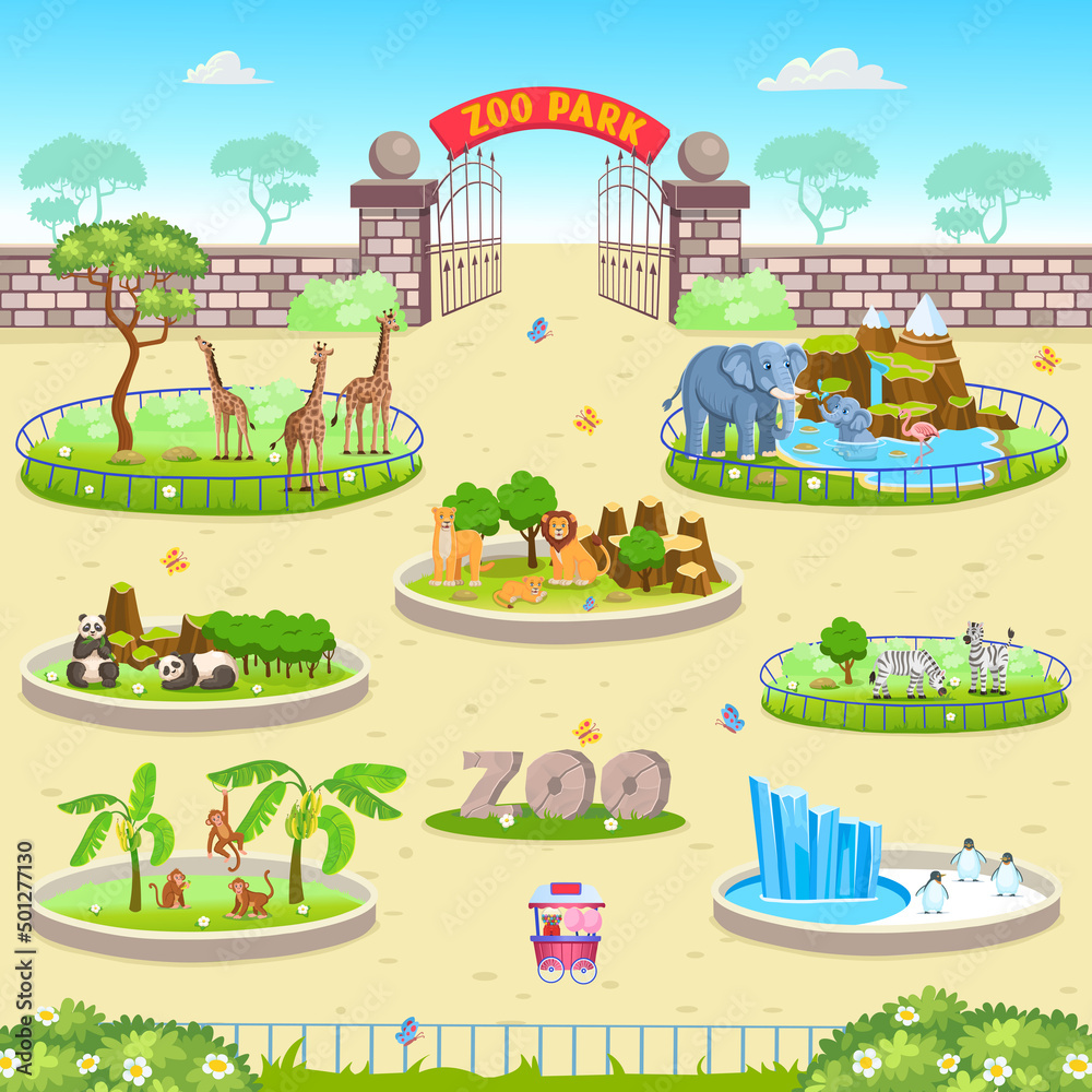 Zoo map with enclosures with animals. Outdoor park entrance with green ...