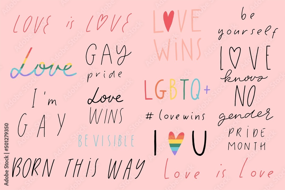 Gay hand written lettering set. LGBT rights concept. Love is love ...