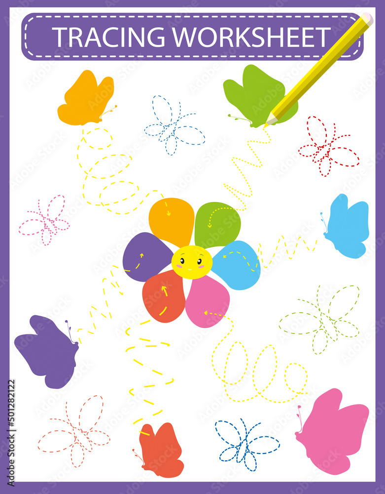 Trace line page game for kids with different zig zags, butterflies and ...
