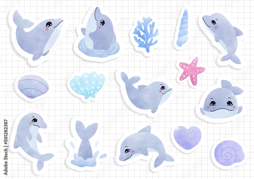 cute dolphin, dolphin sticker sheet and scrapbook Stock Vector | Adobe ...