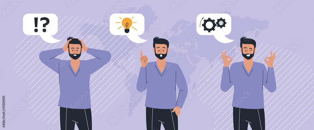 People and business process. Man with different gestures and emotions ...