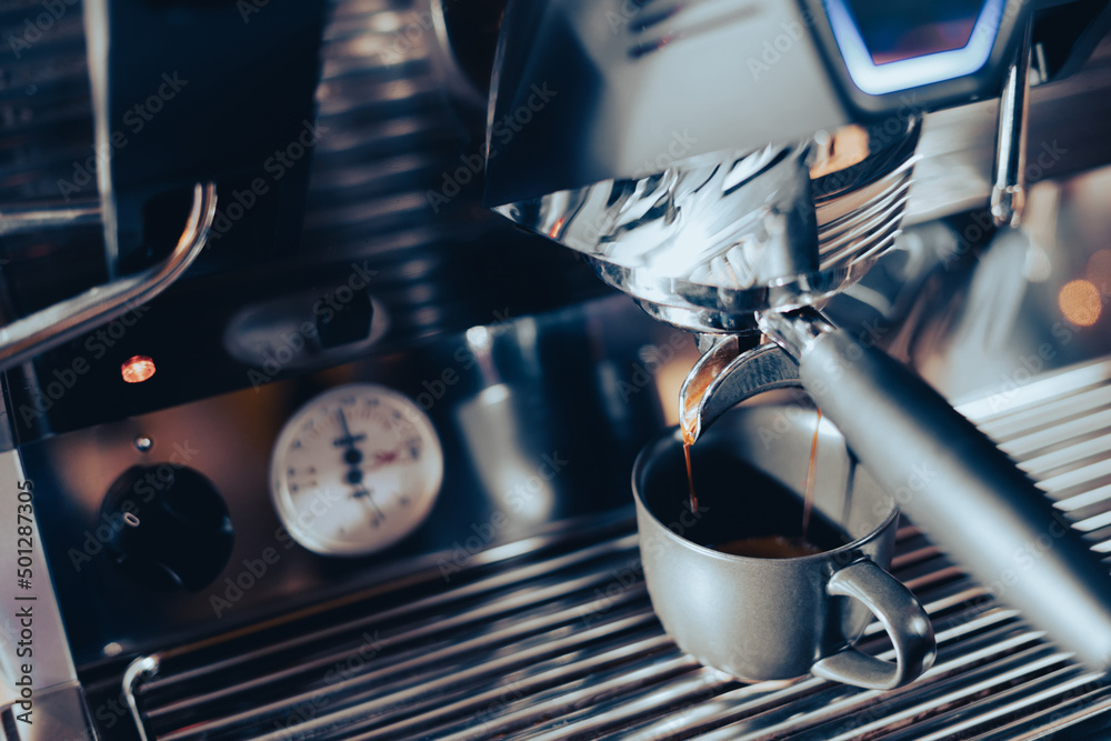 Close-up image of the coffee machine in a coffee shop or restaurant ...