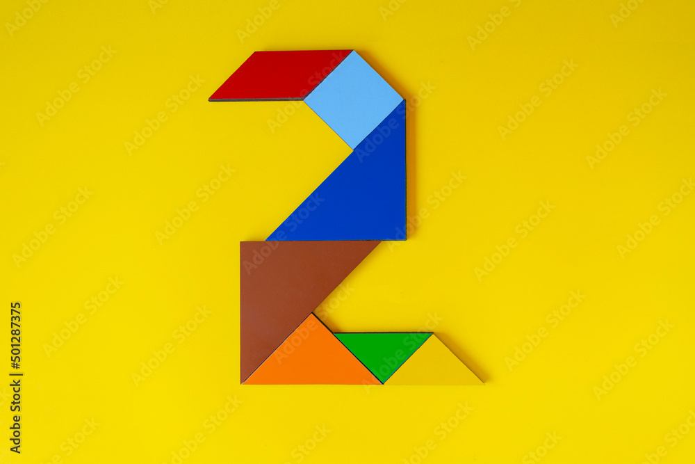 Colorful number 2 made with tangram toy, colored tangram number two ...
