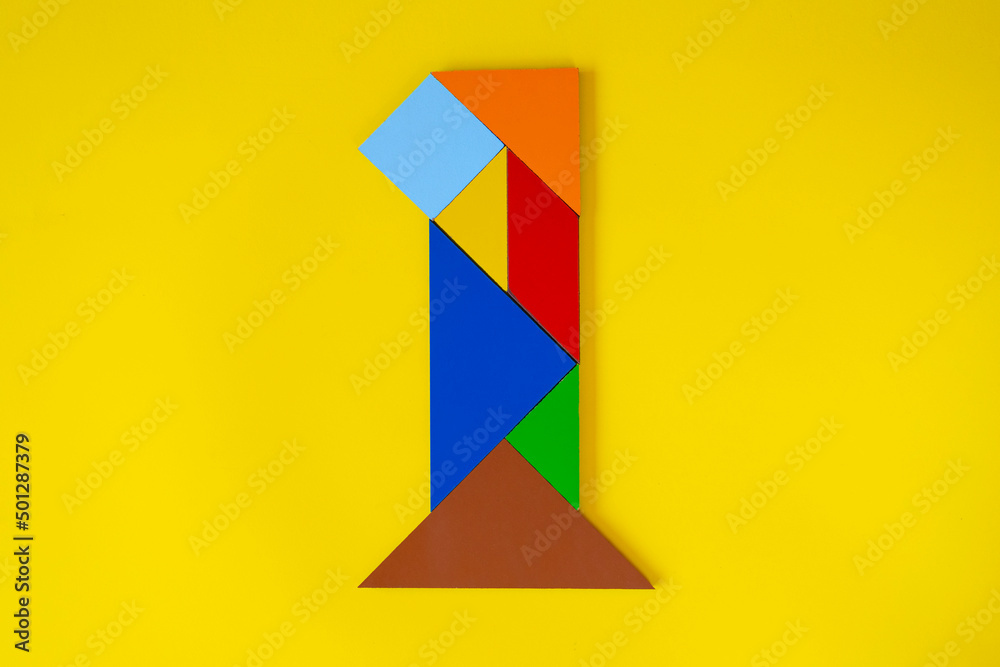 Colorful number 1 made with tangram toy, colored tangram number one ...